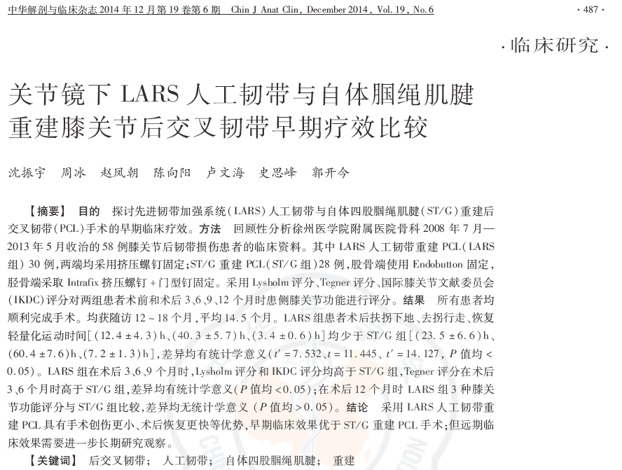 关节镜下LARS人工韧带与自体腘绳肌腱重建膝关节后交叉韧带早期疗效比较 | 骨科在线
